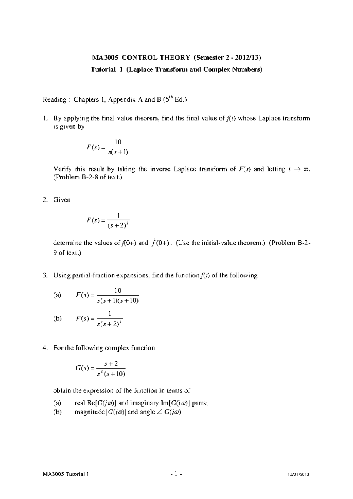 MA3005 Control Theory: Tutorial 1 on Laplace Transforms & Complex ...