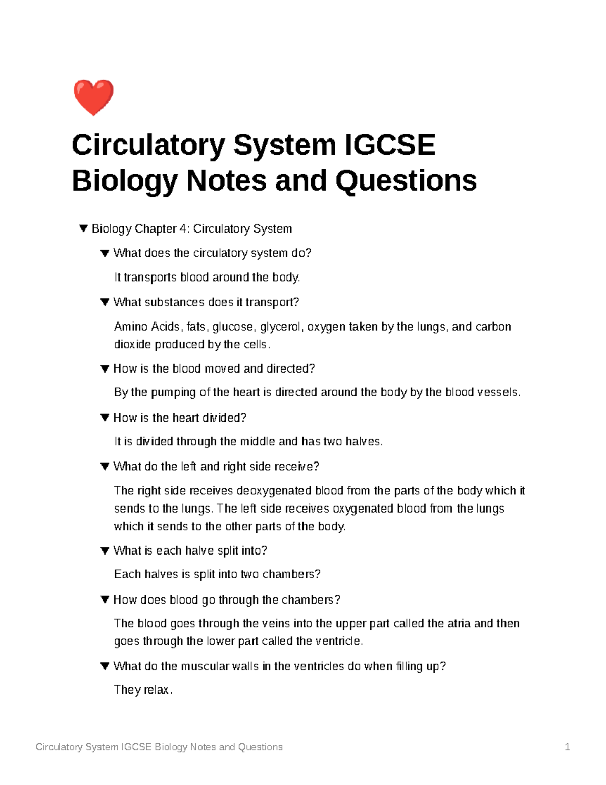 IGCSE Biology: Circulatory System Notes & Questions Overview - Studocu