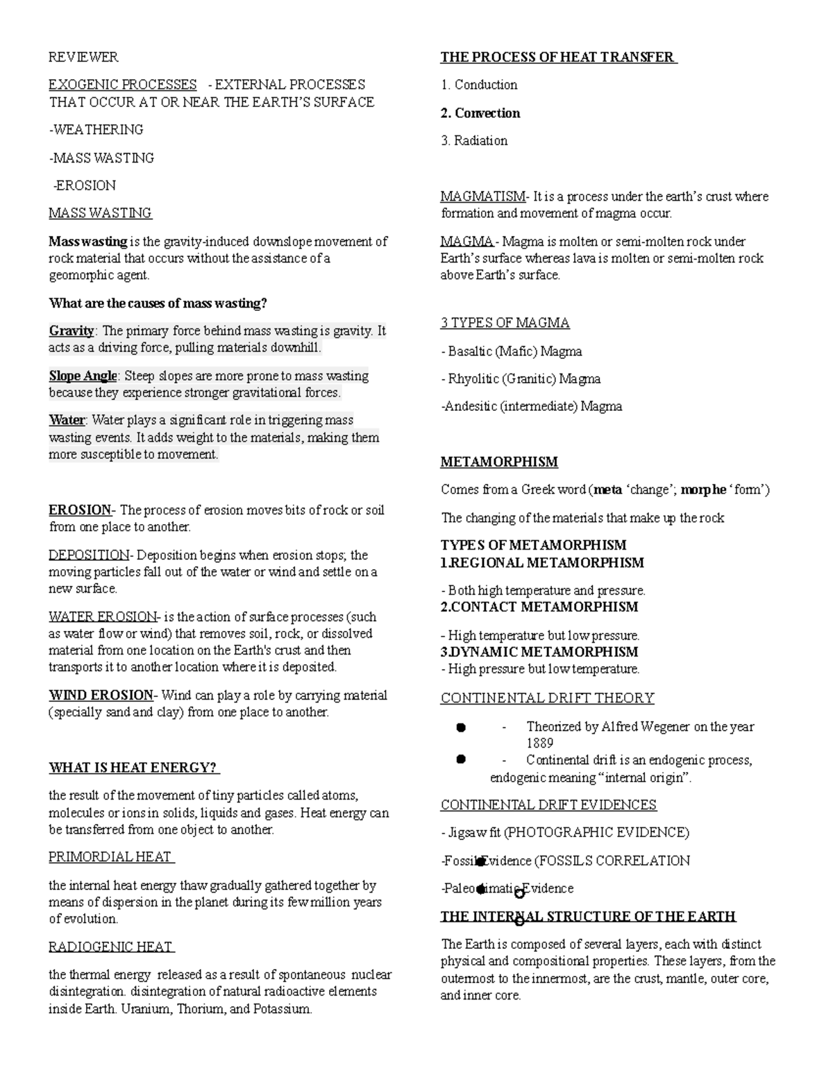 Earth Science Reviewer: Heat Transfer, Mass Wasting, and Geological ...