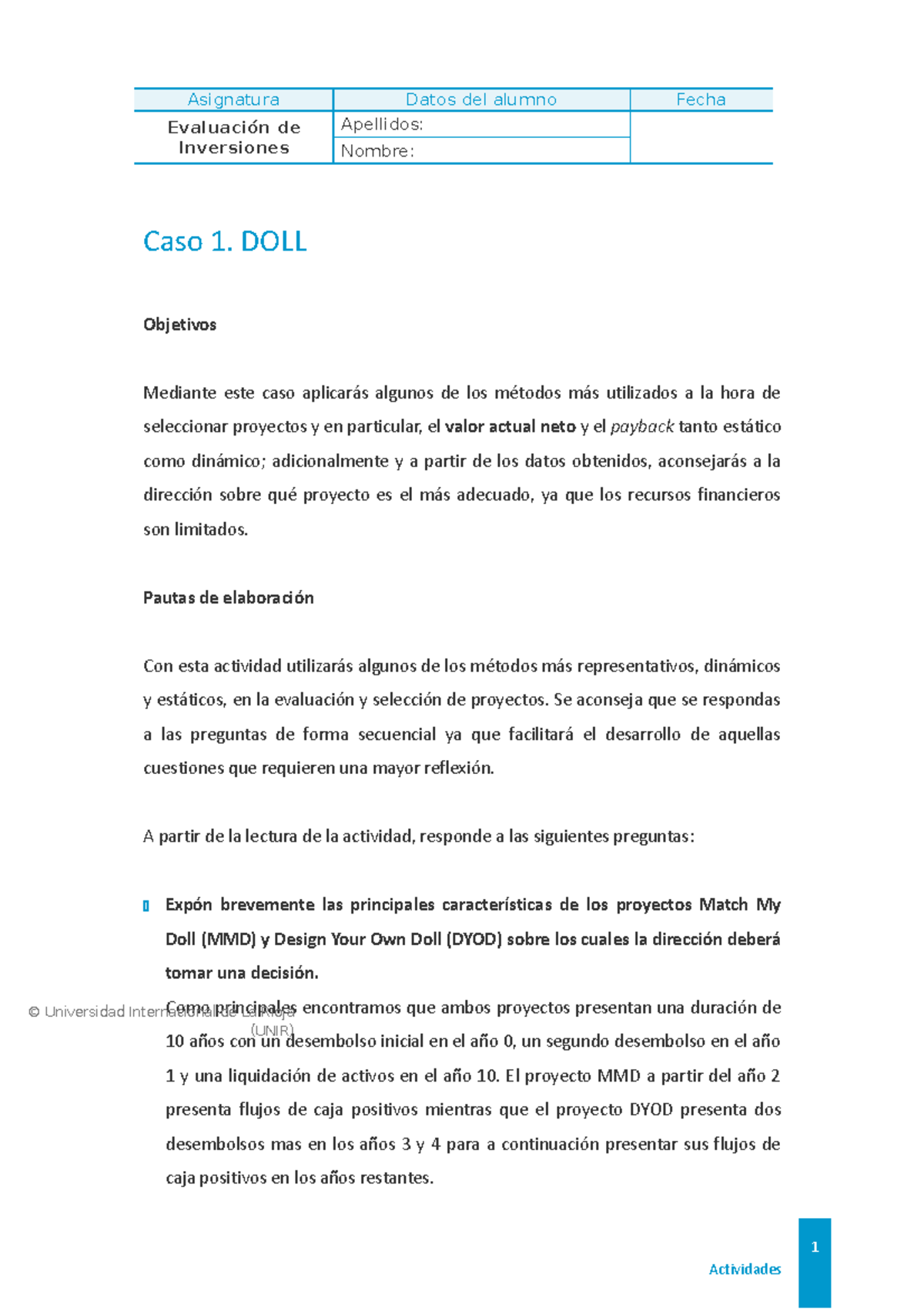 Evaluación de Inversiones: Caso MMD y DYOD - Actividad 1 (Resuelto ...
