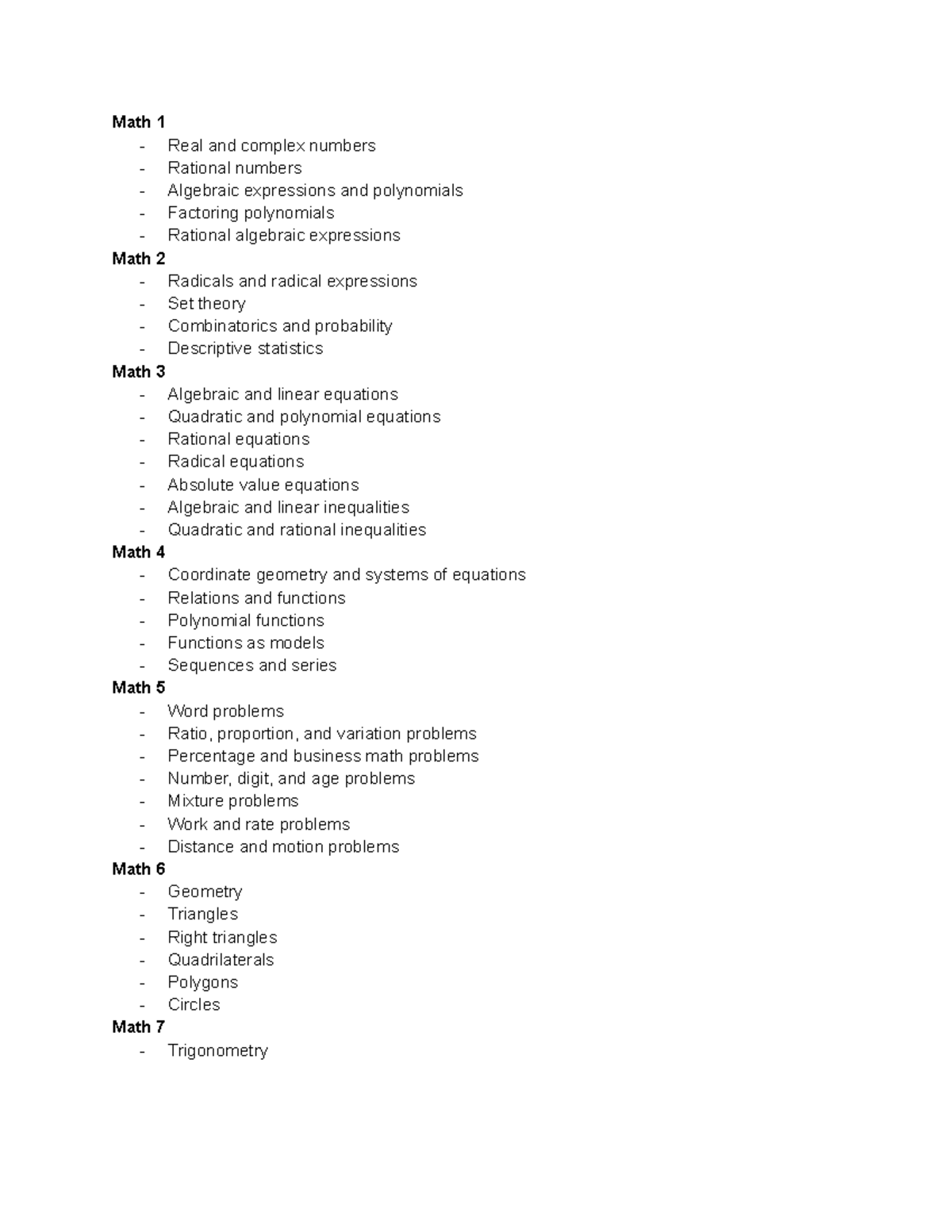 Math 1-7 Study Guide: Real Numbers, Algebra, Geometry & Trig - Studocu