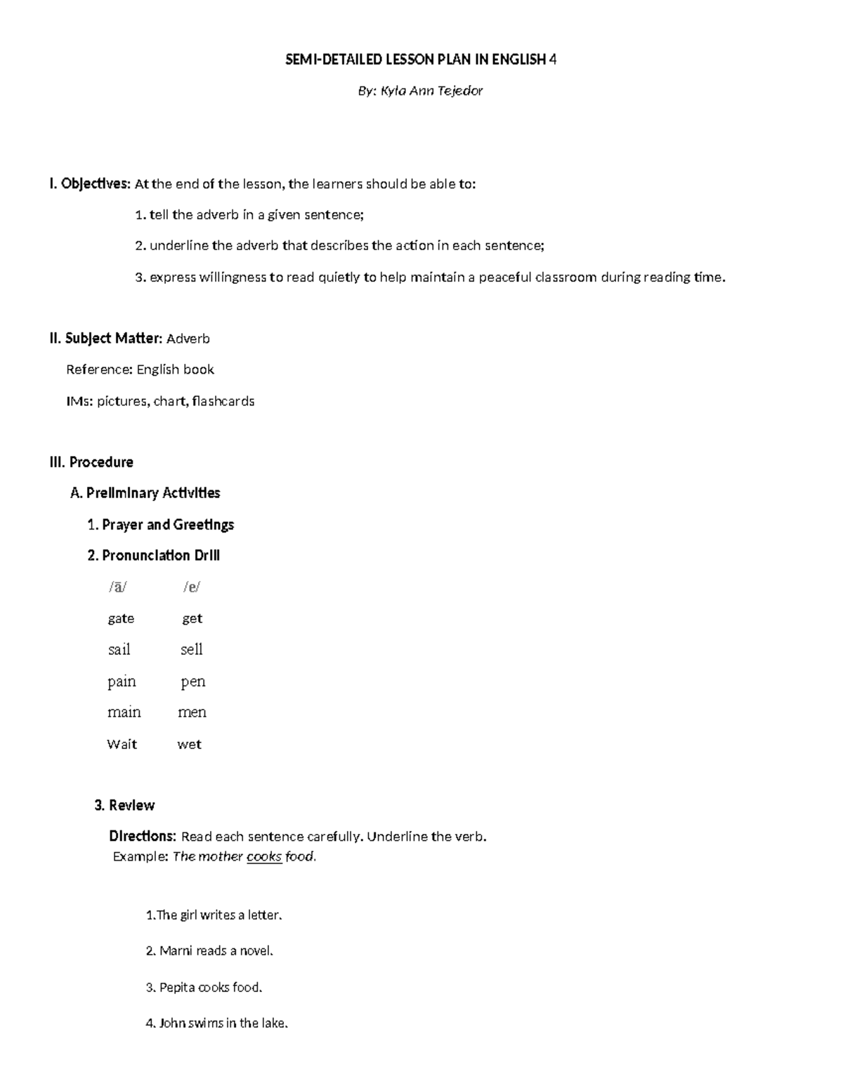 ENGLISH 4: Adverb Lesson Plan by Kyla Ann Tejedor - Studocu