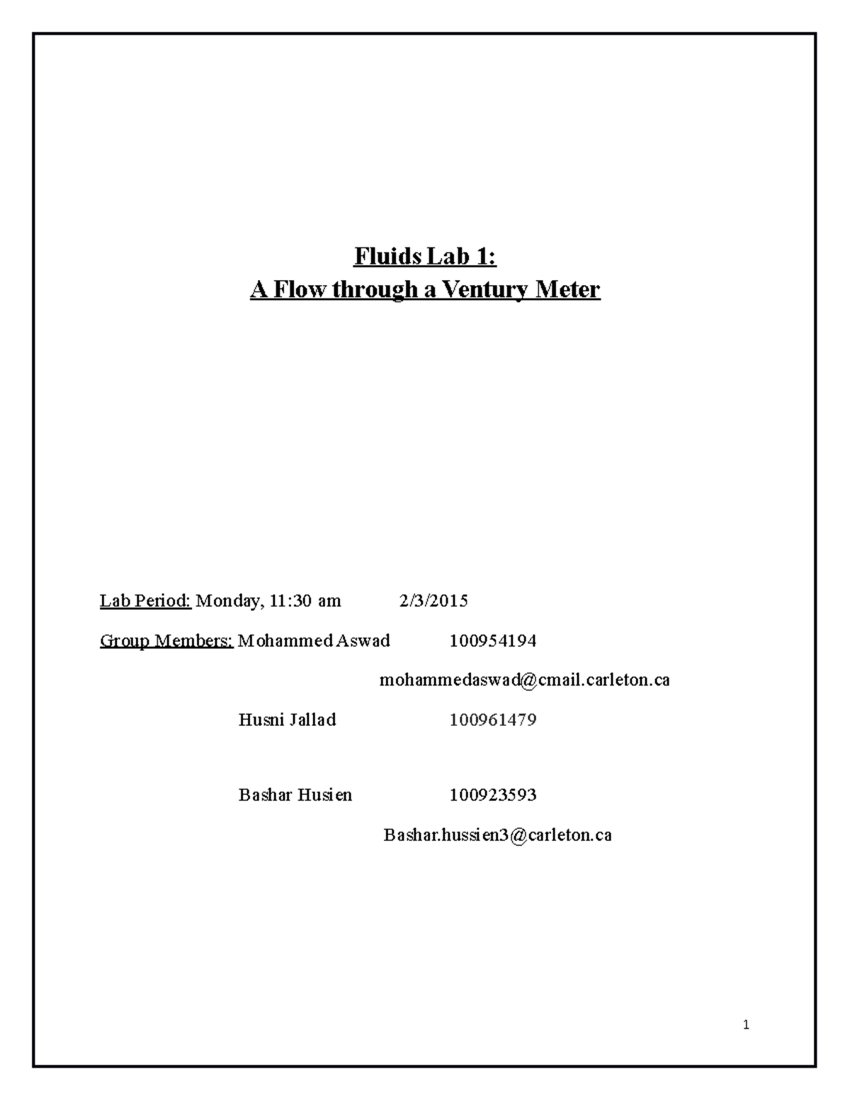 Fluids 1: Lab Report on Flow Analysis through a Venturi Meter - Studocu