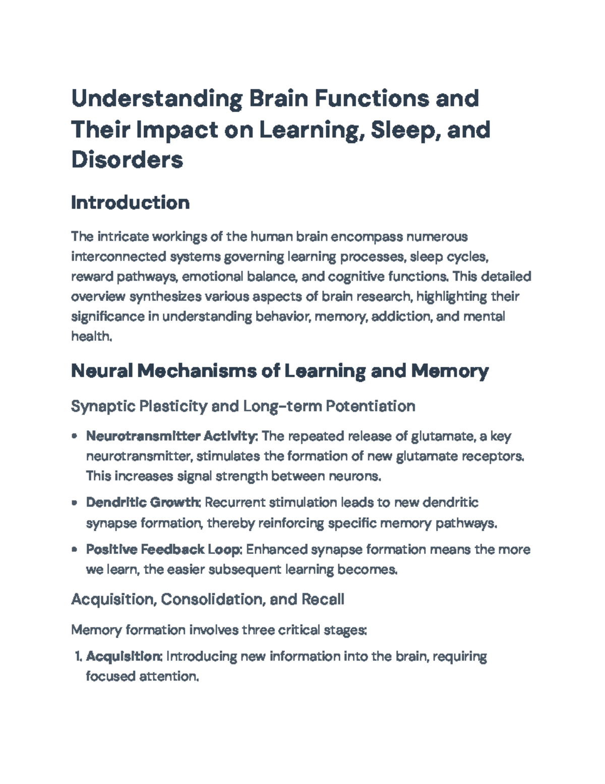 Understanding Brain Functions: Learning, Sleep, and Disorders Overview ...