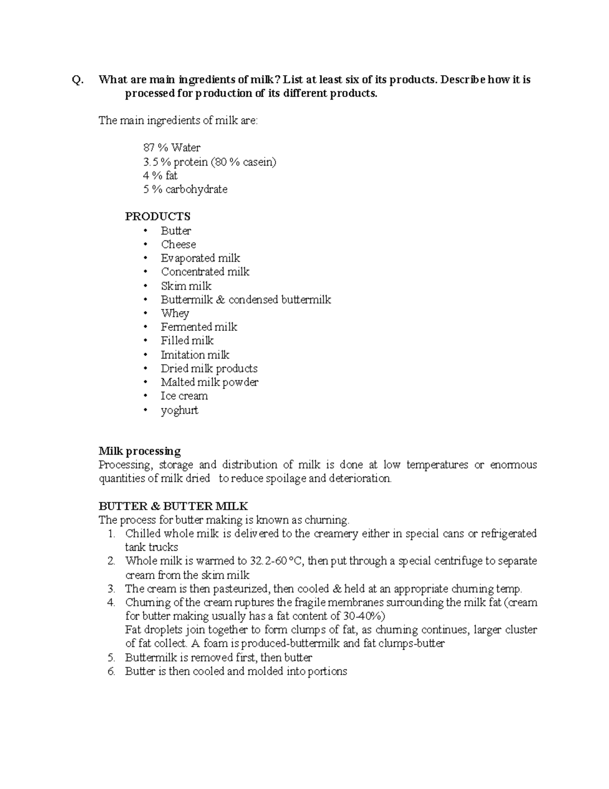 Dairy Products & Processing: Main Ingredients of Milk (Q 2025) - Studocu