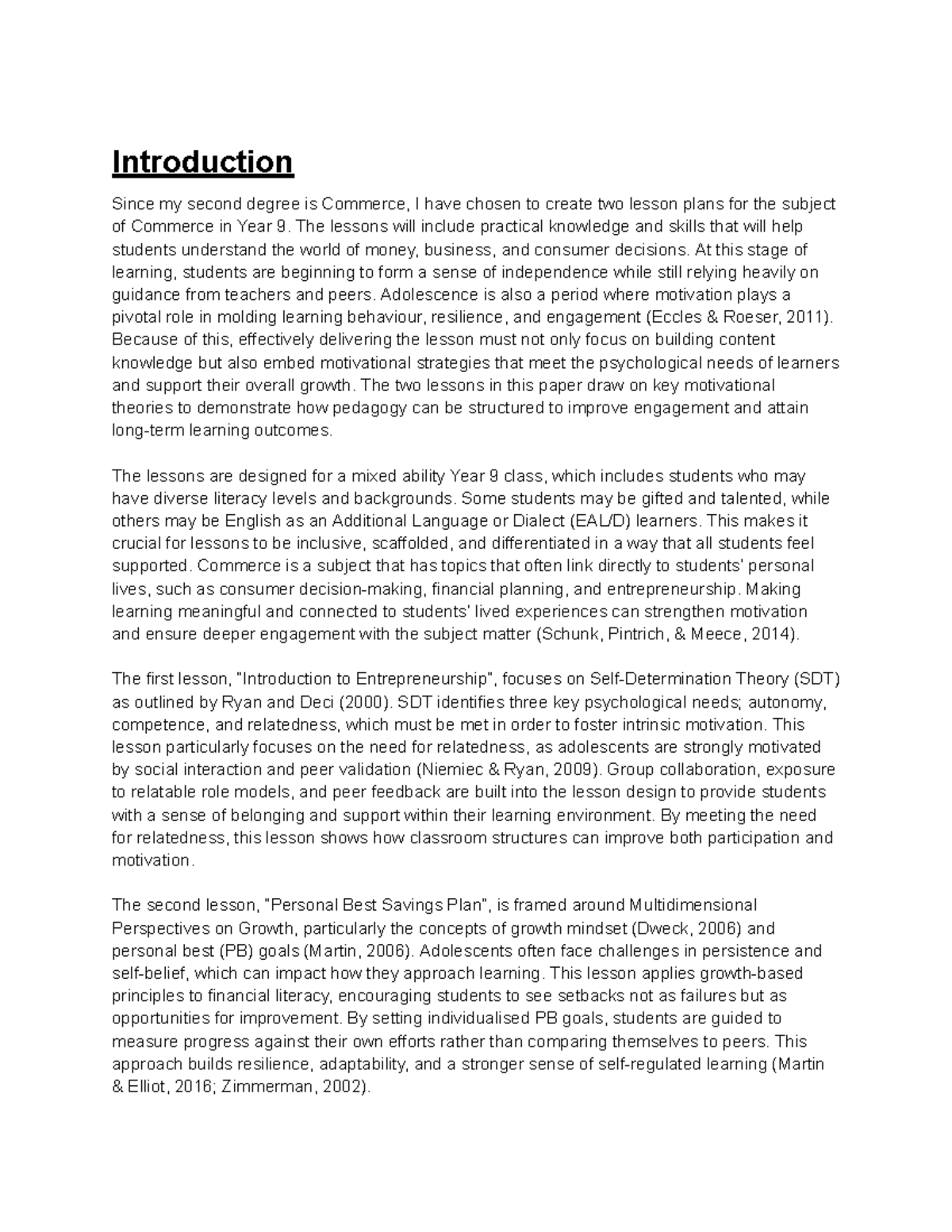 EDST2044 - Year 9 Commerce Lesson Plans: Motivational Strategies - Studocu