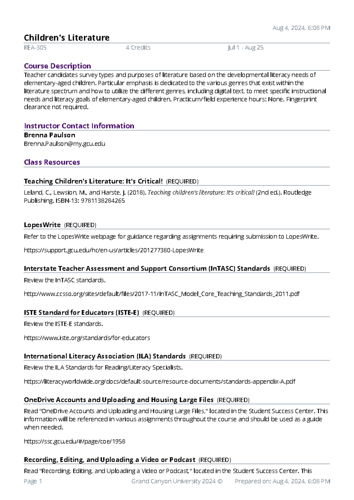 Children's Literature Syllabus - REA-305-O500 (Summer 2024) - Studocu