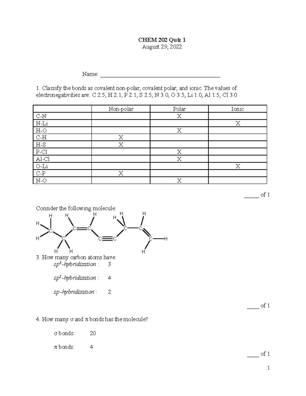 CHEM 202 quiz 1 key - Practice Quiz for Chapter 2 of Organic Chemistry ...