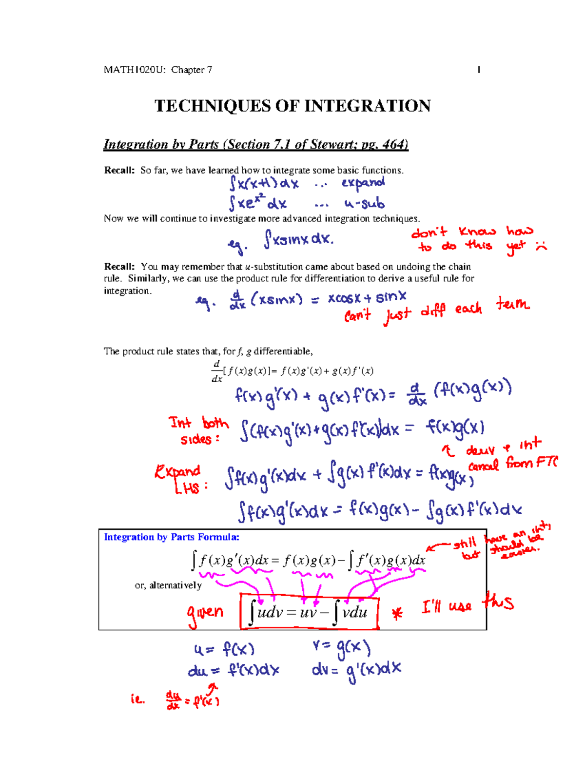 MATH1020U: Chapter 7 Techniques of Integration - Integration by Parts ...