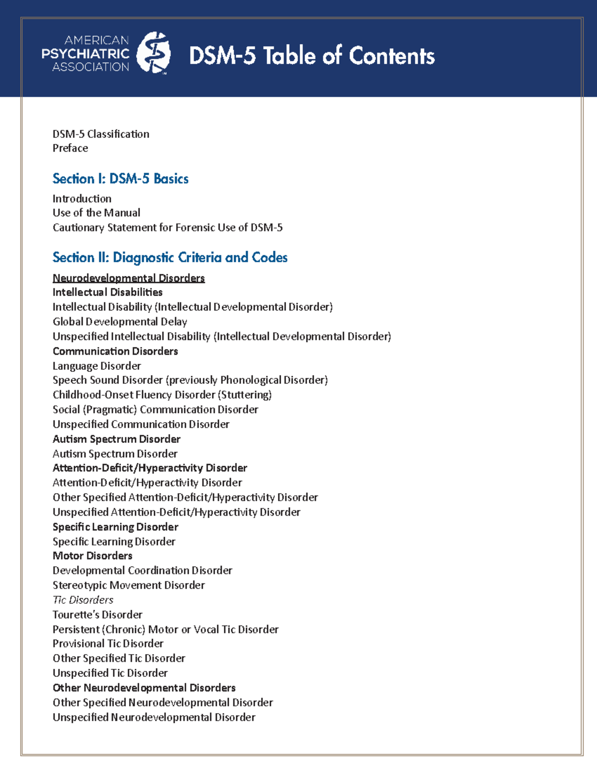 DSM 5 - Revision - DSM-5 Table of Contents DSM-5 Classification Preface ...