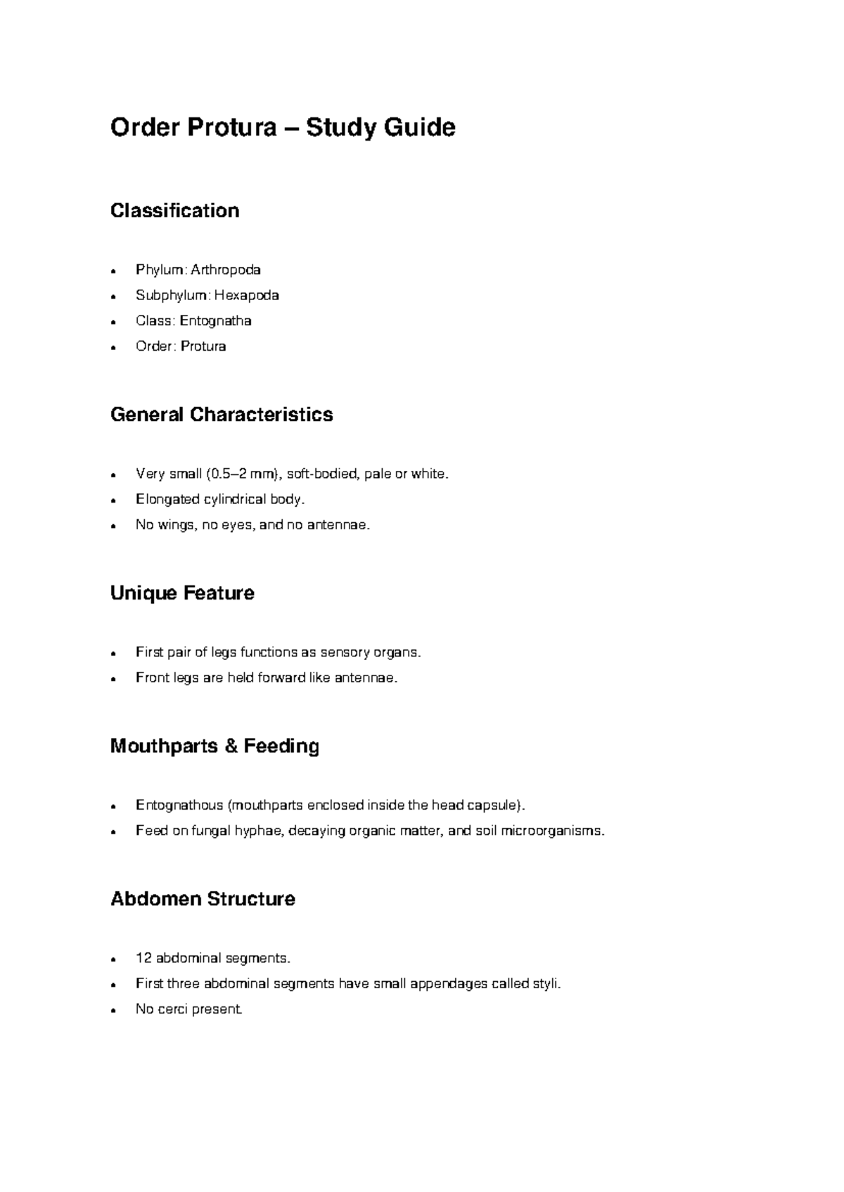 Order Protura Study Guide: Classification & Characteristics - Studocu
