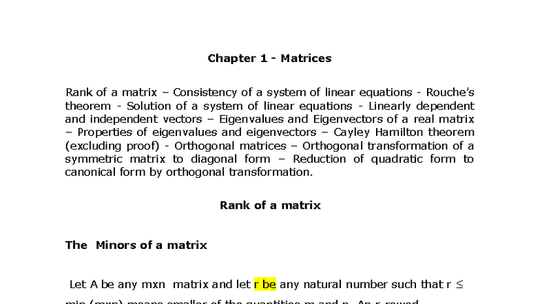 Chapter 1: Matrices - Rank, Consistency, and Eigenvalues (MATH101 ...