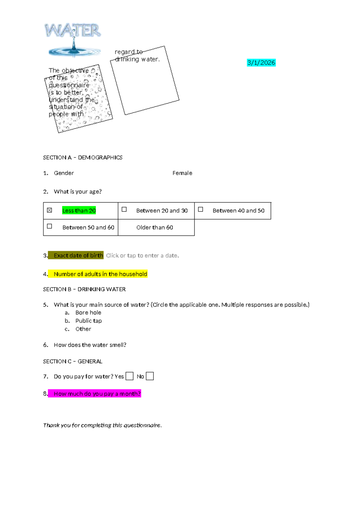 Questionnaire on Drinking Water Sources and Demographics - Studocu