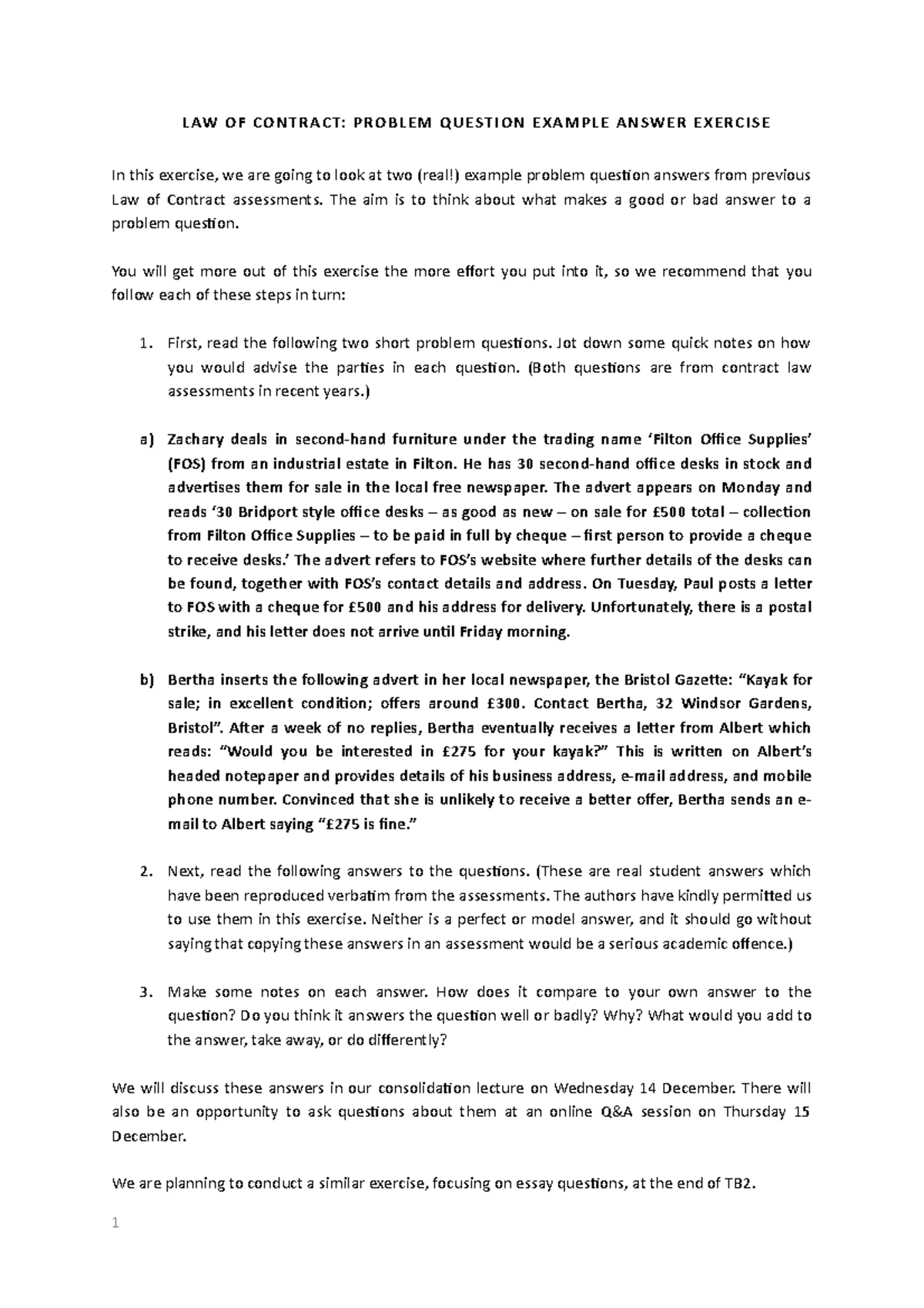 Problem question example answers - LAW OF CONTRACT: PROBLEM QUESTION EXAMPLE ANSWER EXERCISE In ...
