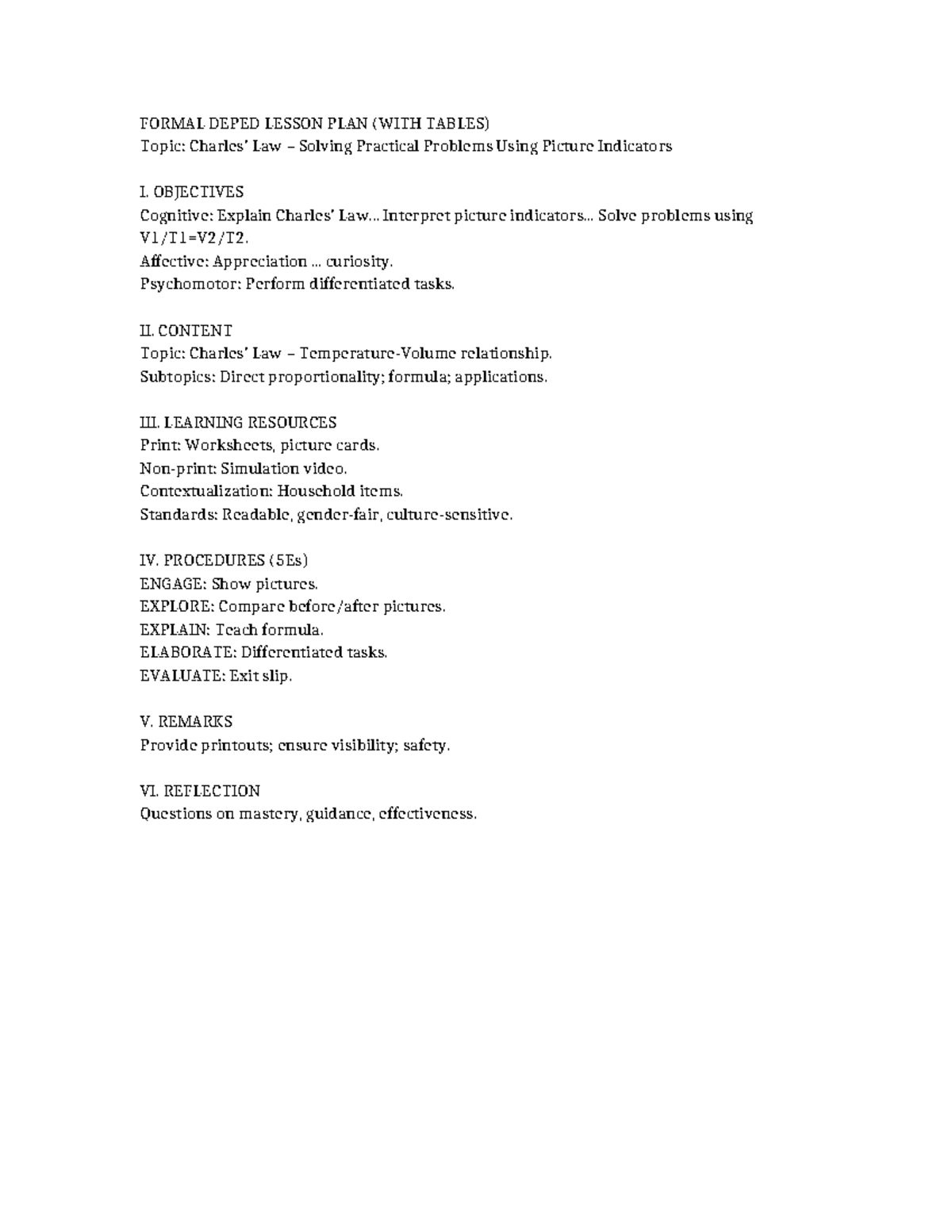 Charles Law Lesson Plan - FORMAL DEPED LESSON PLAN (WITH TABLES) Topic ...