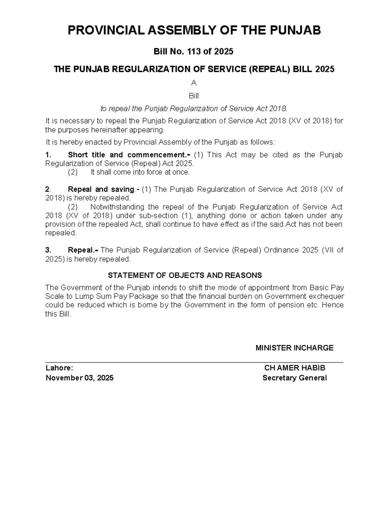 (113 of 2025) Punjab Regularization of Service (Repeal) Bill 2025 - Studocu