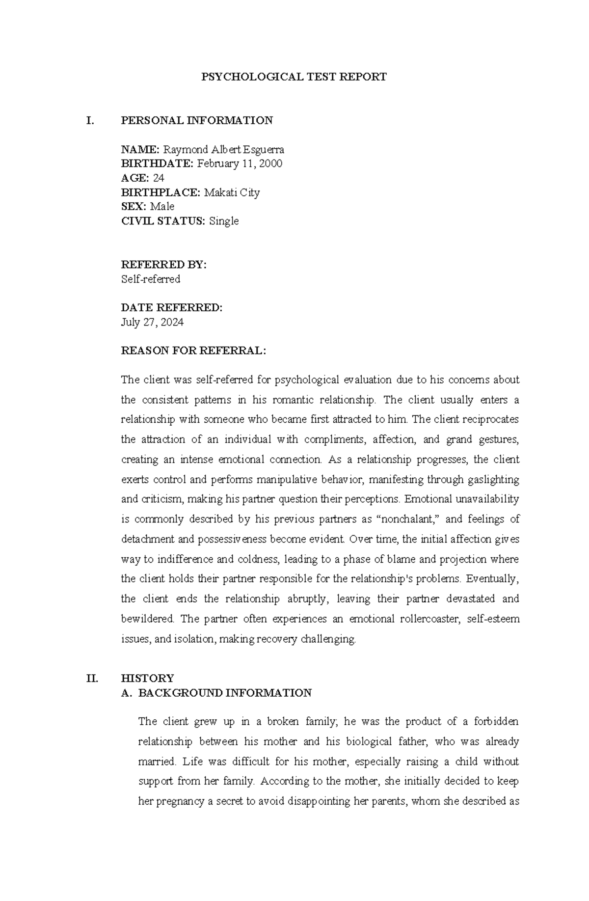 Psychological Evaluation Report - PSY 1234 Template - Studocu