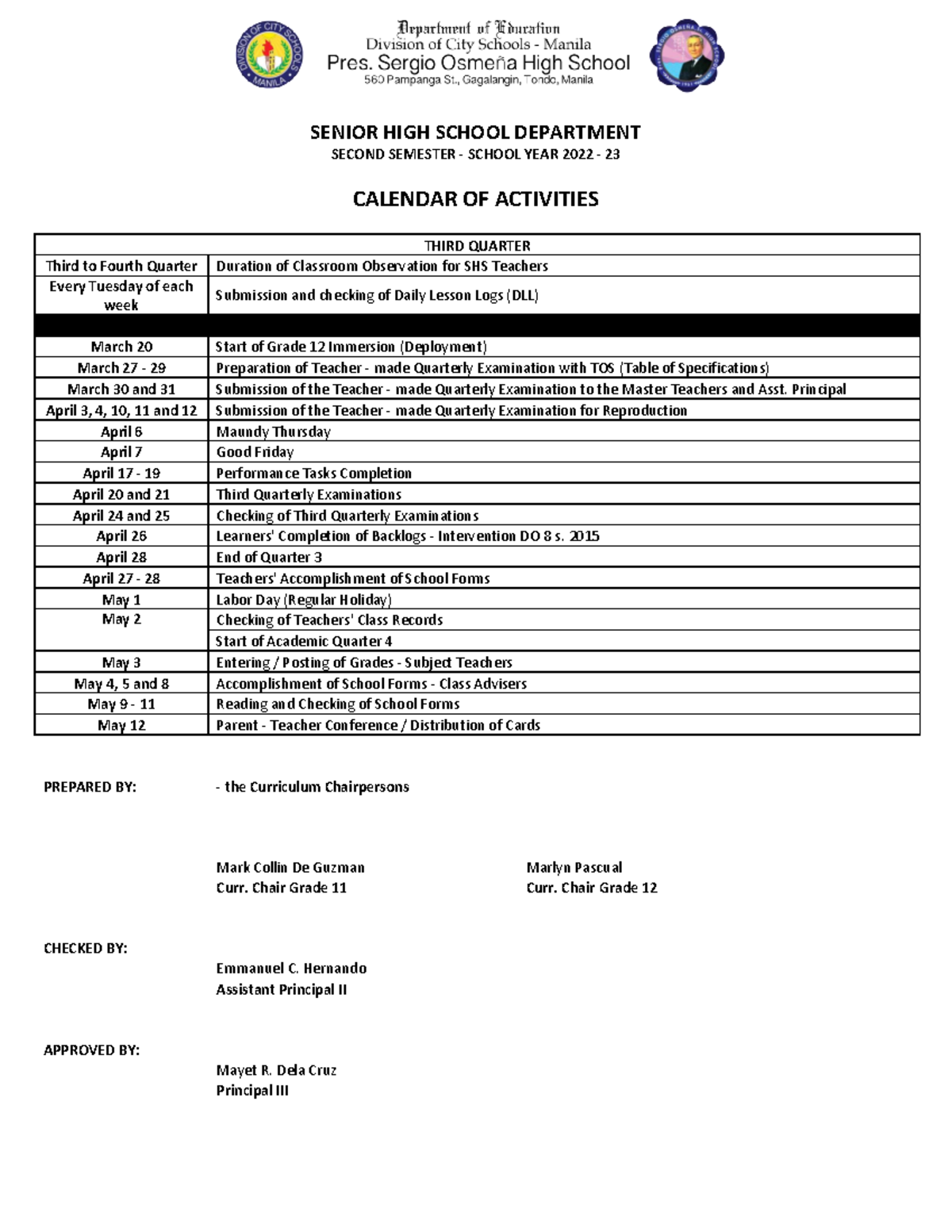 Grade 11 & 12 Second Semester Calendar of Activities 2022-23 - Studocu
