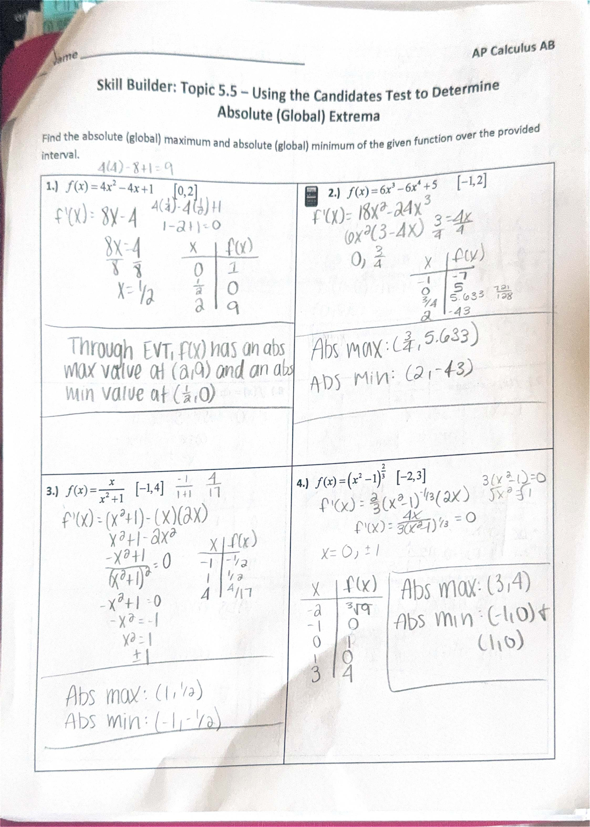 AP Calculus AB: Topic 5.5 - Candidates Test for Extrema Analysis - Studocu