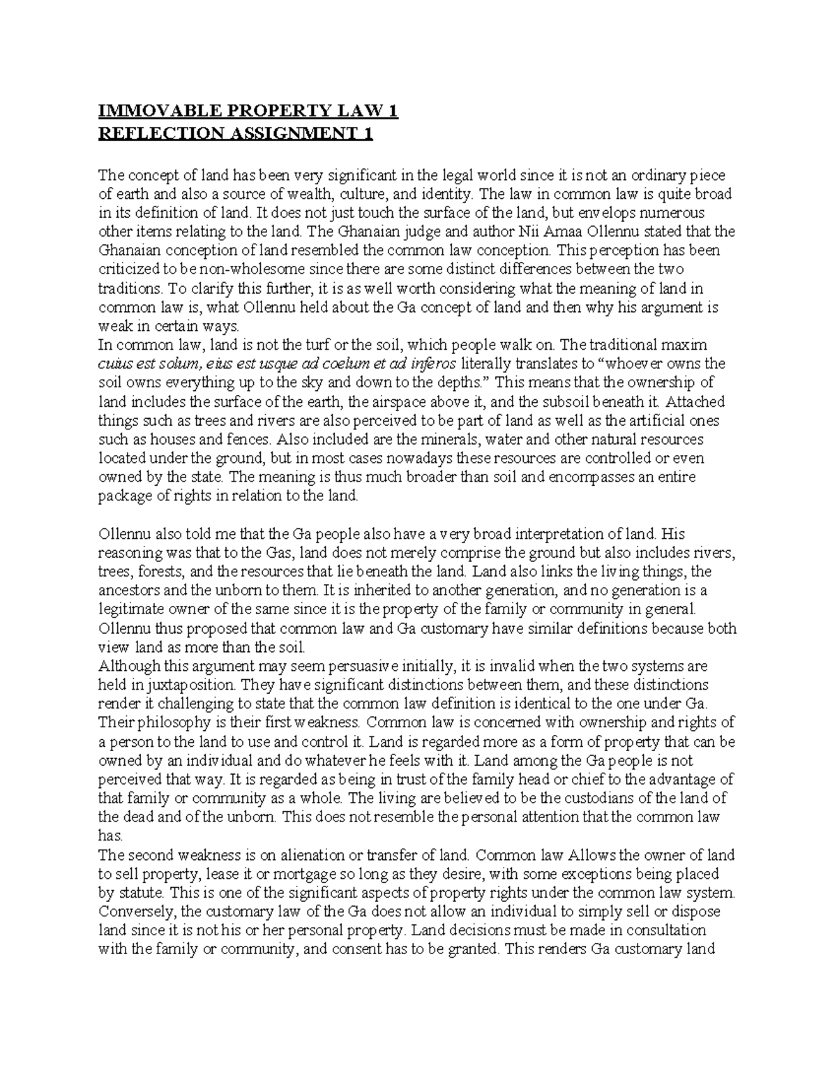 Immovable Property LAW 1 - Reflection on Land Concepts - Studocu