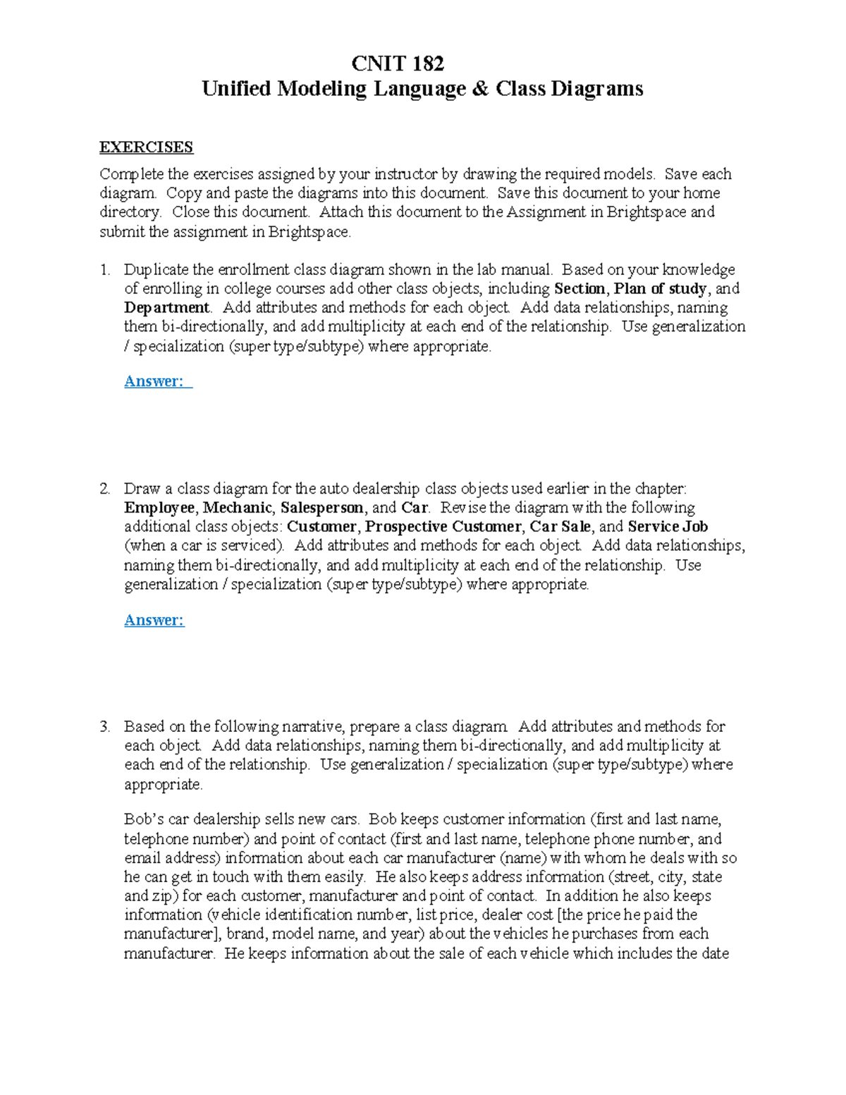 CNIT 182 - UML & Class Diagrams - Student Exercise Answers - Studocu