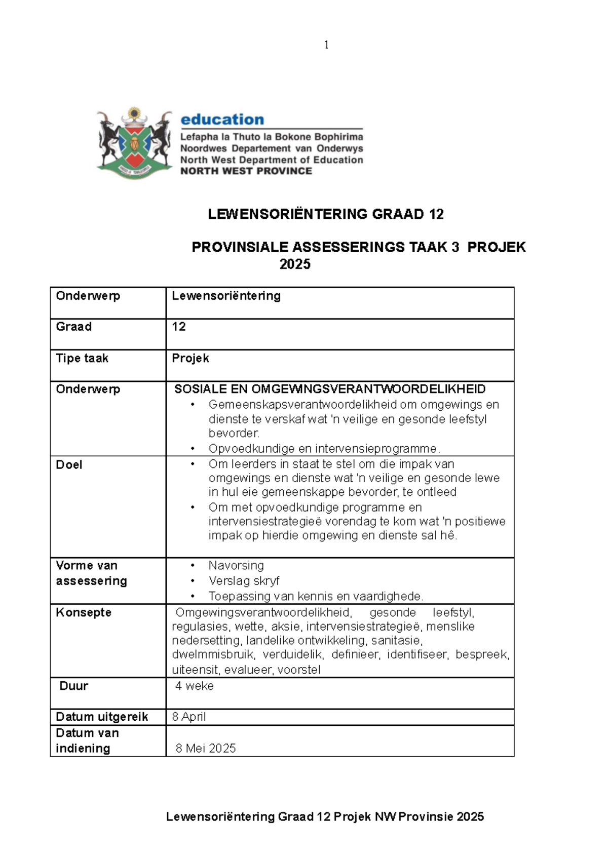 LEWENSORIËNTERING GR 12: PROJEK TAAK 3 - OMGEWINGSVERANTWOORDELIKHEID ...