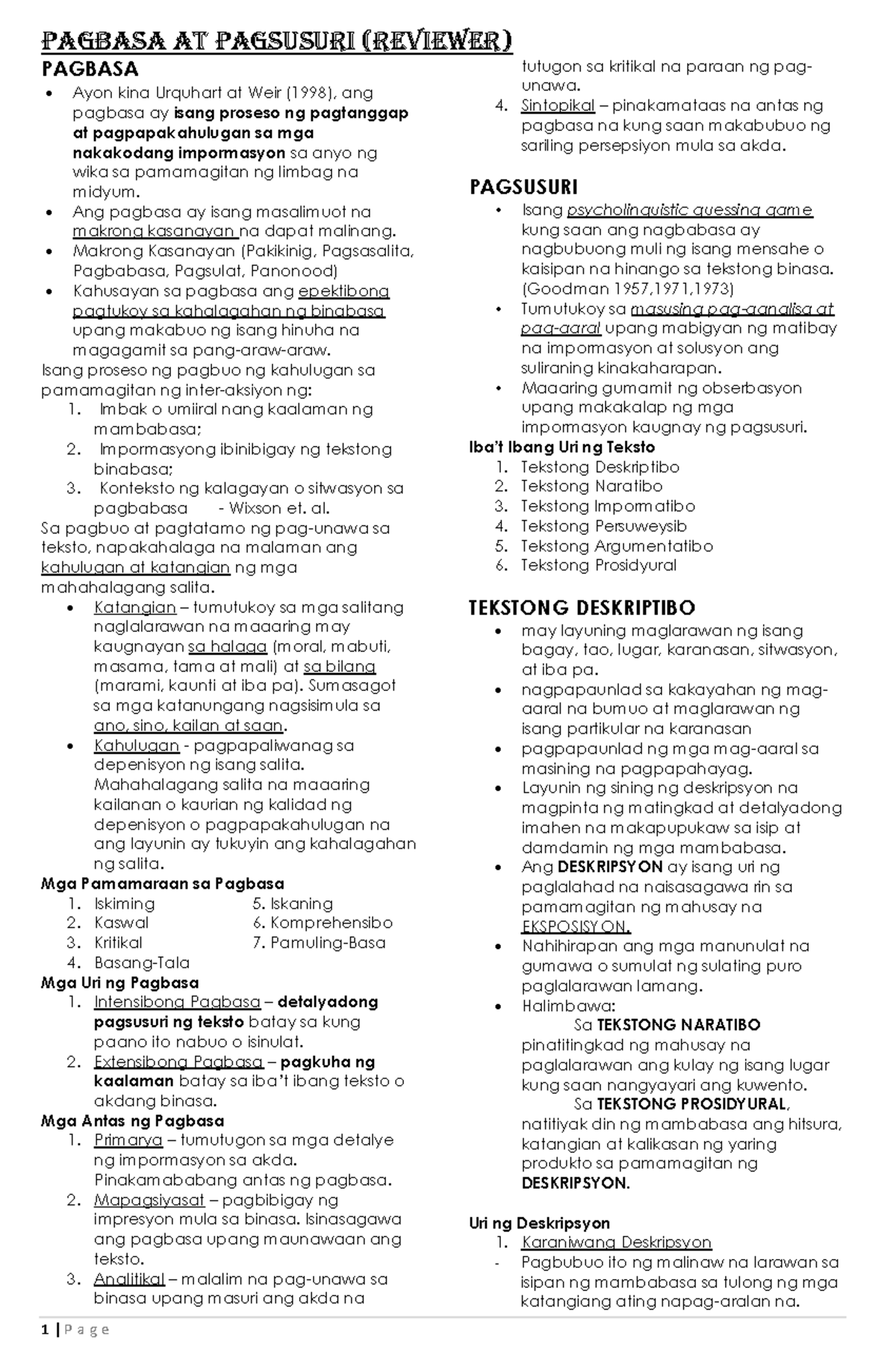 Pagbasa at Pagsusuri reviewer - PAGBASA Ayon kina Urquhart at Weir ...