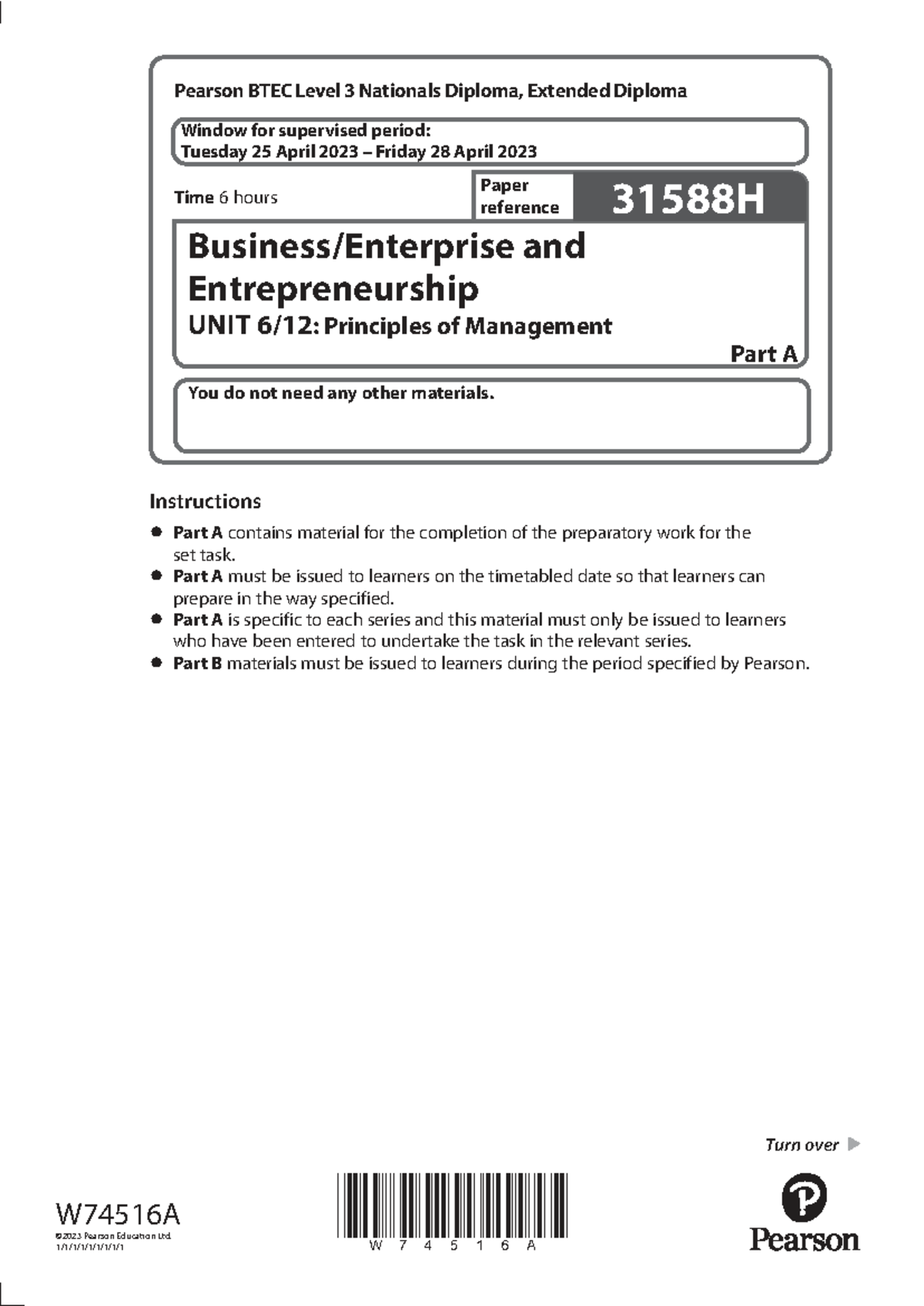 BTEC Level 3 Business Enterprise: Entrepreneurship 31588H Unit 6 Part A ...