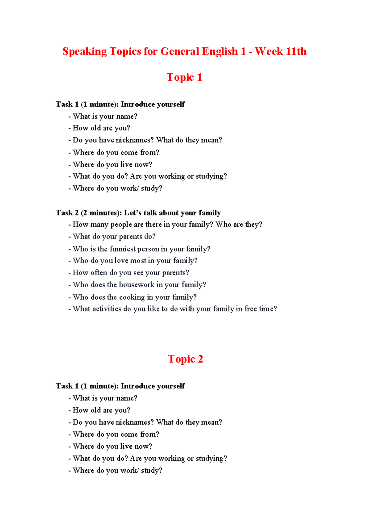 General English 1 Speaking Topics - Week 11 Discussion Guide - Studocu