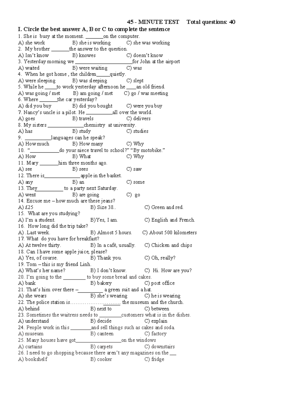 45 MINUTE TEST I - English Language Practice Questions - Studocu