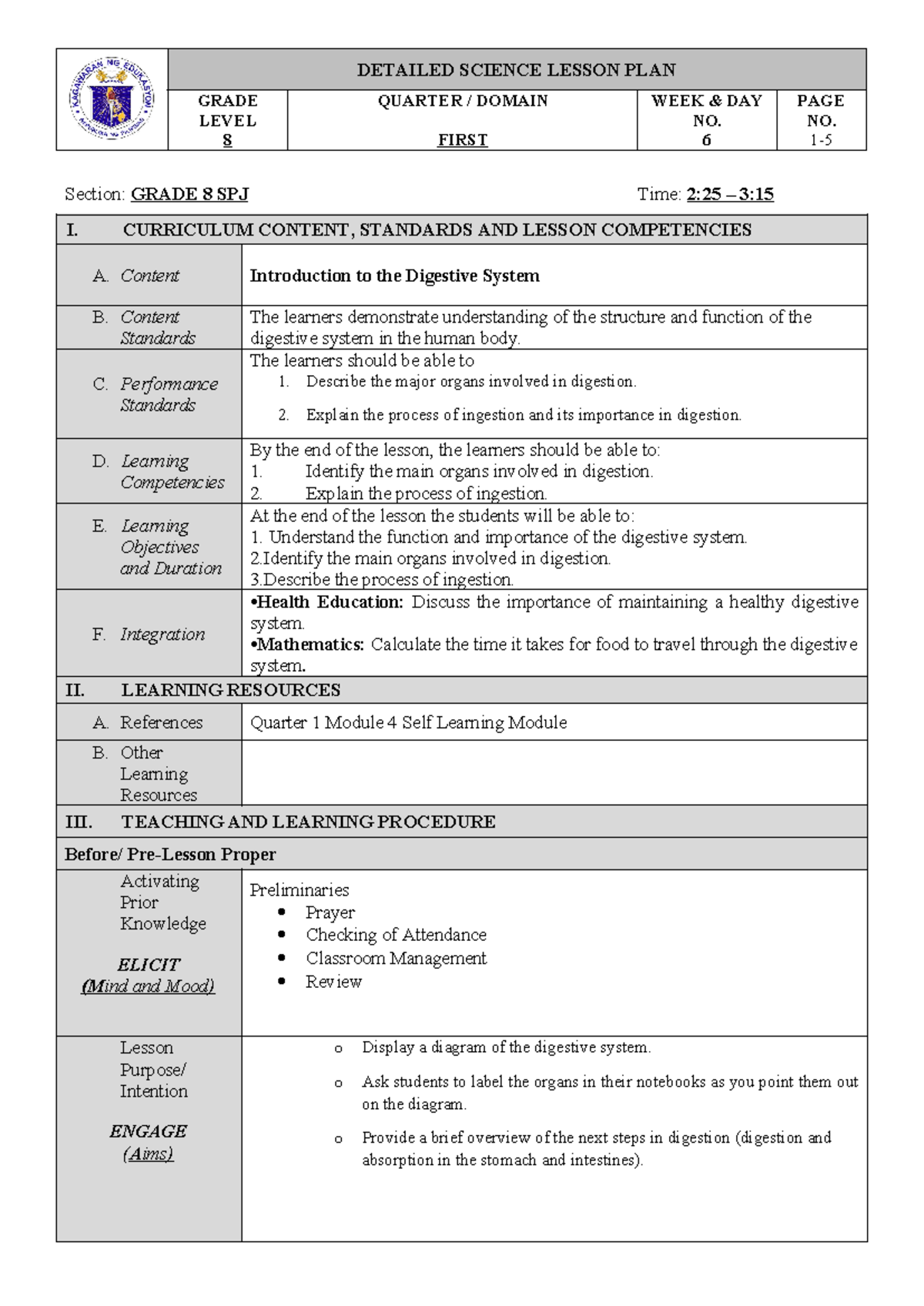 Digestive System Lesson Plan - Grade 8 Curriculum Overview - Studocu