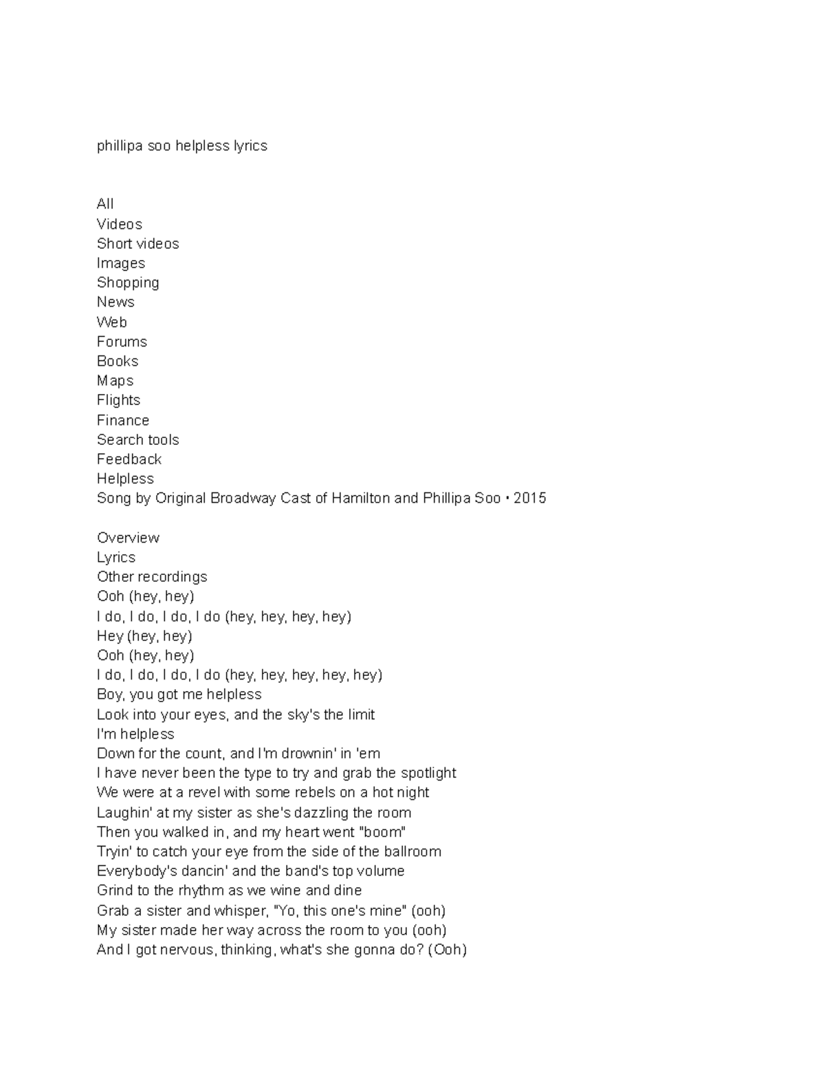 Hamilton Musical: Helpless Lyrics by Phillipa Soo - Studocu