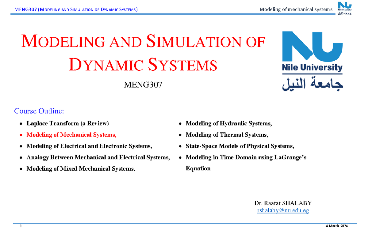 Modeling and Simulation of Mechanical Systems (MENG) Lecture Notes ...