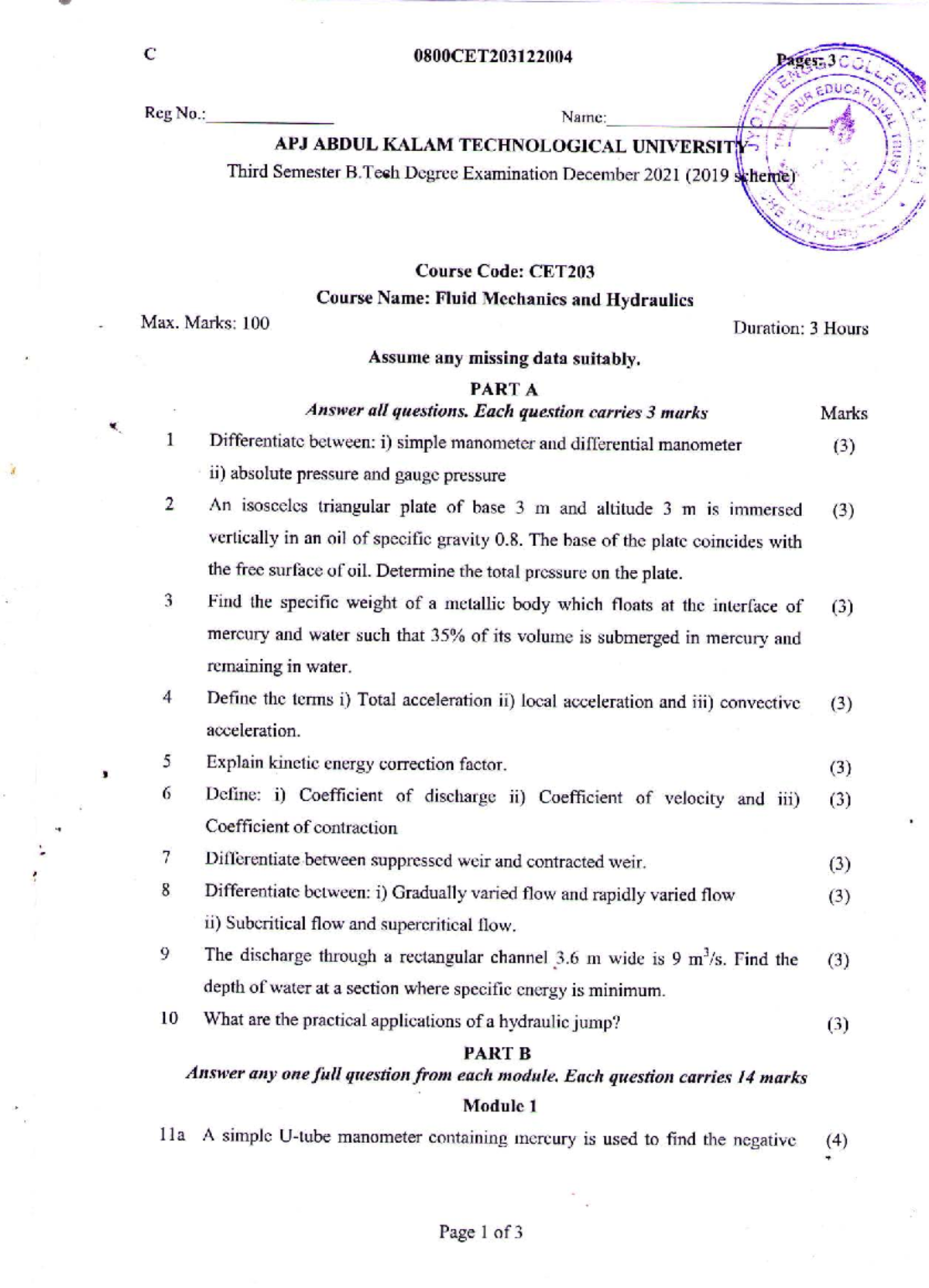 CET203 Fluid Mechanics & Hydraulics Final Exam December 2021 - Studocu