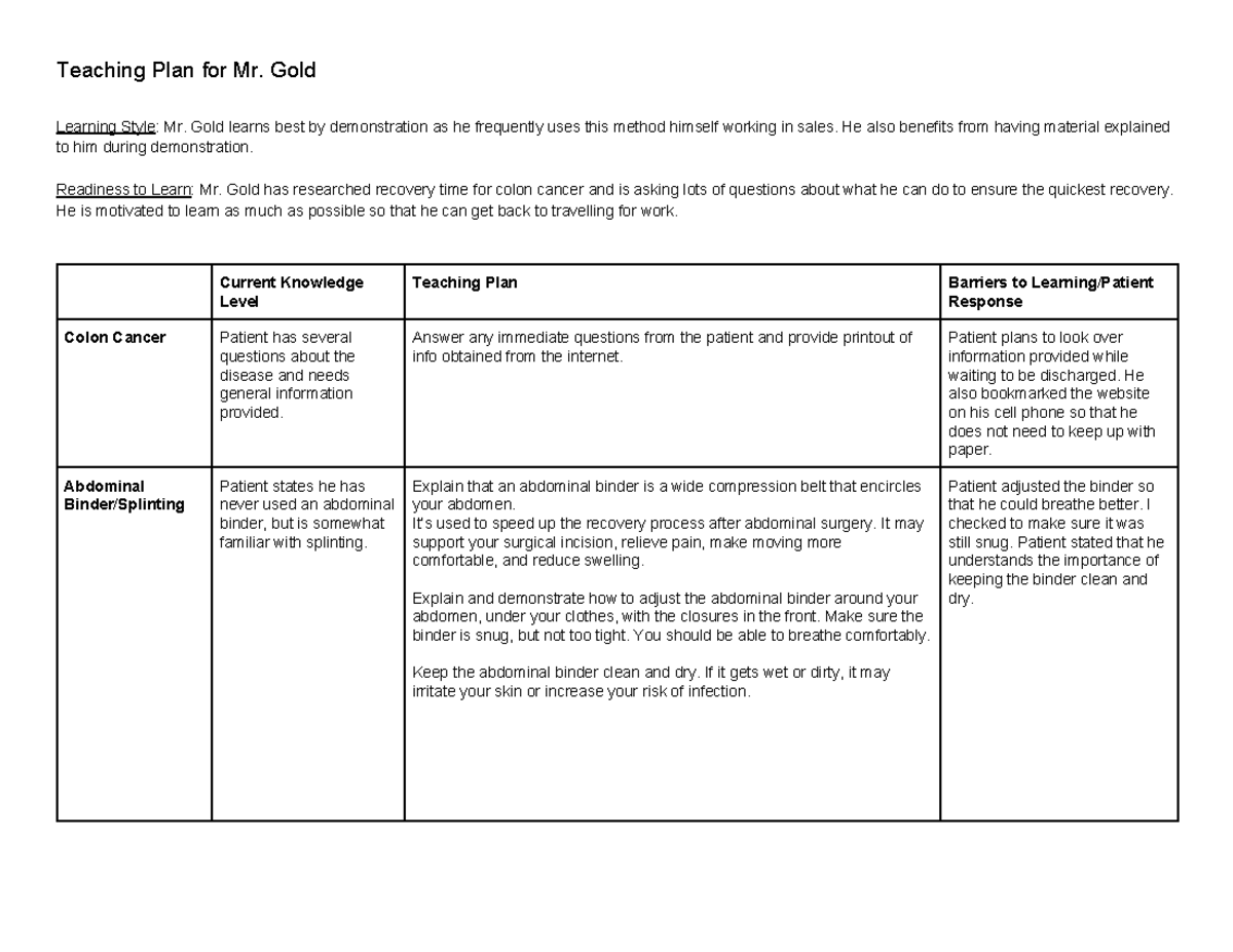 Teaching Plan for Mr. Gold on Colon Cancer Recovery Techniques - Studocu