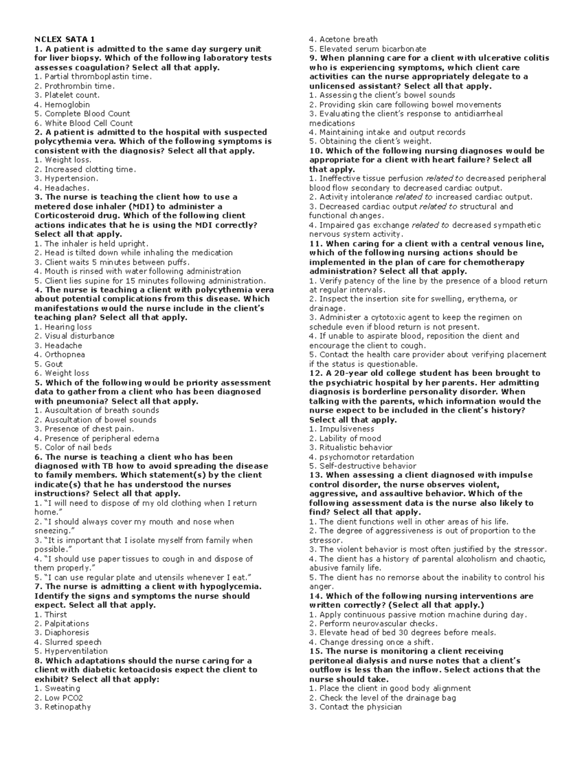 NCLEX Review: SATA Questions 1-5 Study Materials - Studocu