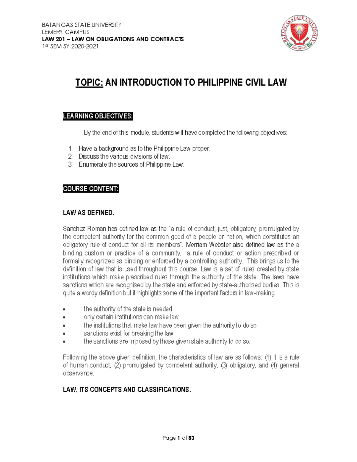LAW 201 Module - obligations and contracts - LEMERY CAMPUS LAW 201 ...