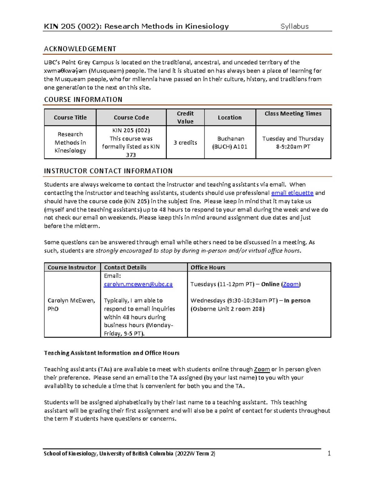 KIN 205 Syllabus: Research Methods in Kinesiology Course Outline - Studocu