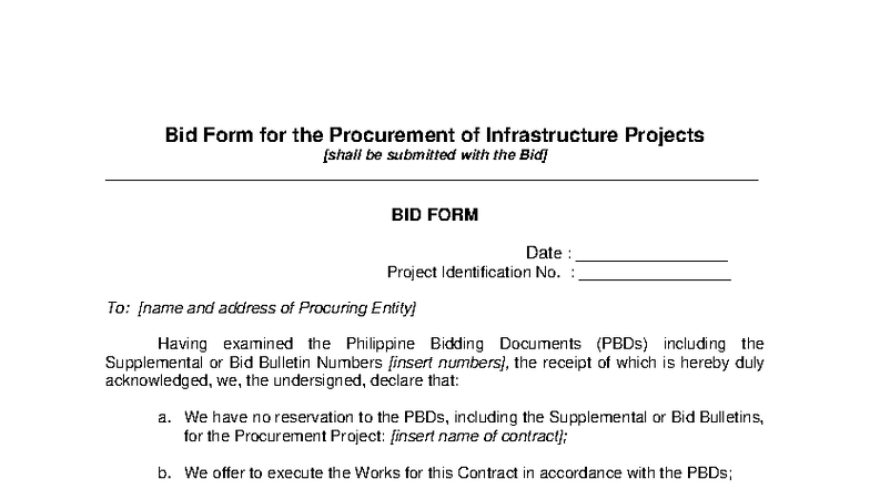 Bid Form for Infrastructure Projects Procurement (Revised 2021) - Studocu