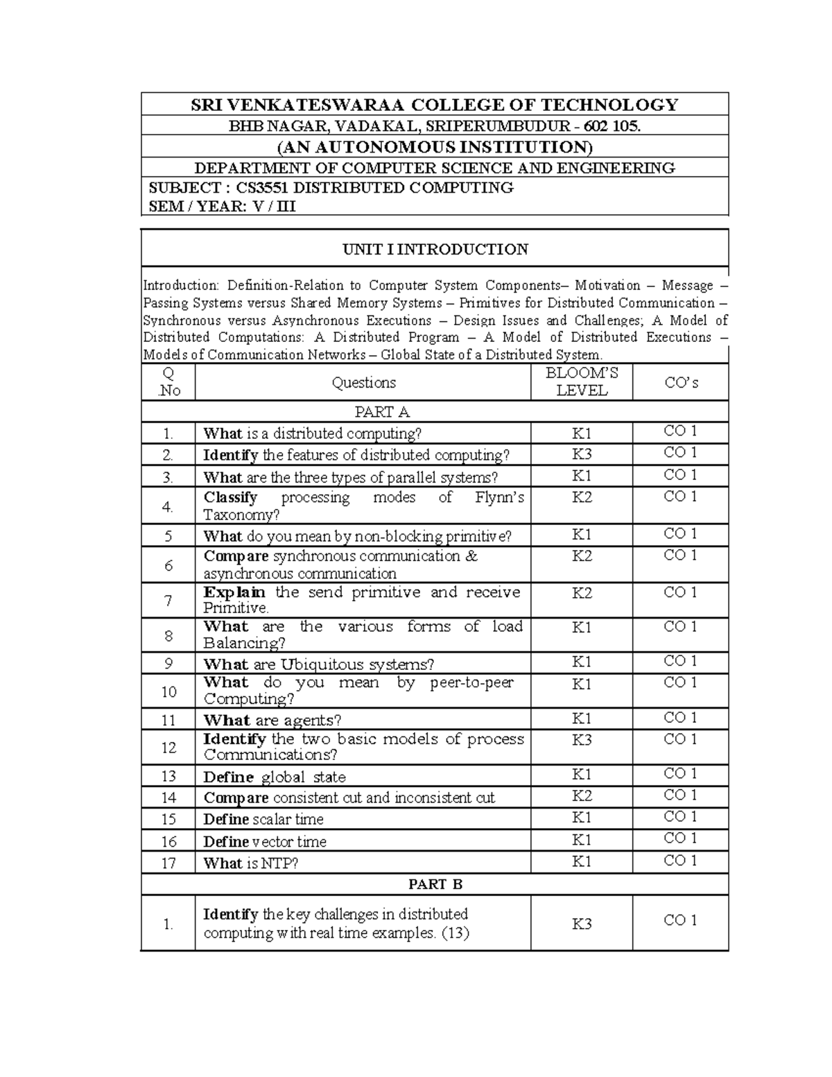 CS3551 - Distributed Computing Question Bank for V/III Semester - Studocu