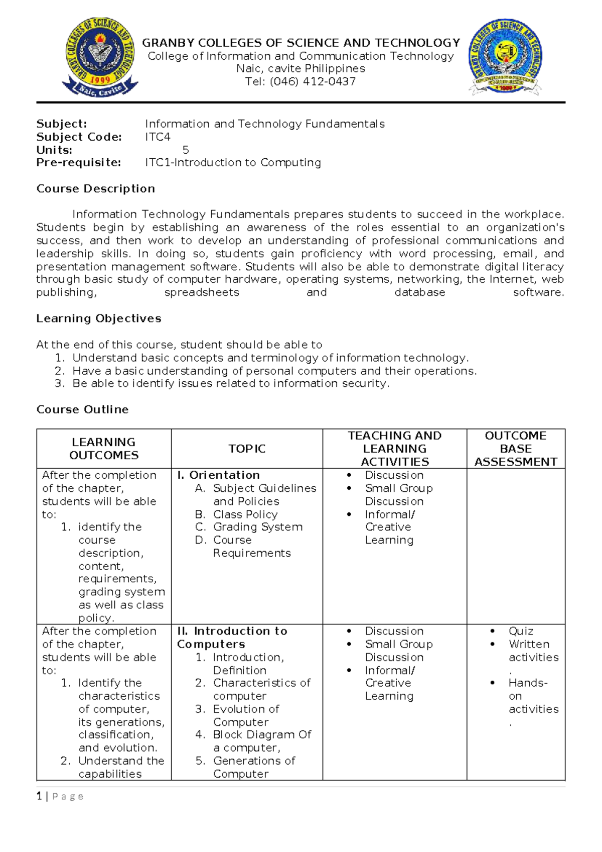 ITC4 - Information Technology Fundamentals Syllabus - Studocu