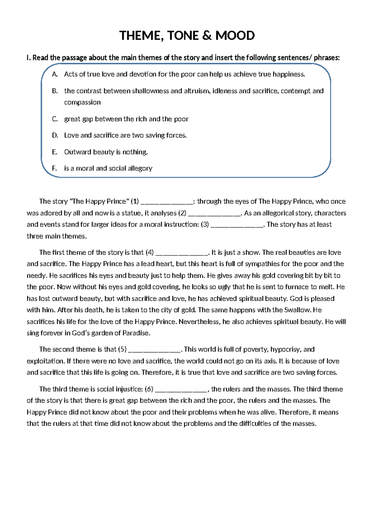 Theme worksheet - Mmm - THEME, TONE & MOOD I. Read the passage about ...