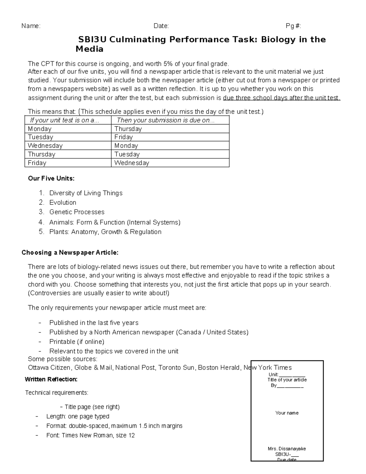 1- Biology in the media - end of unit assignment - Name: Date: Pg ...