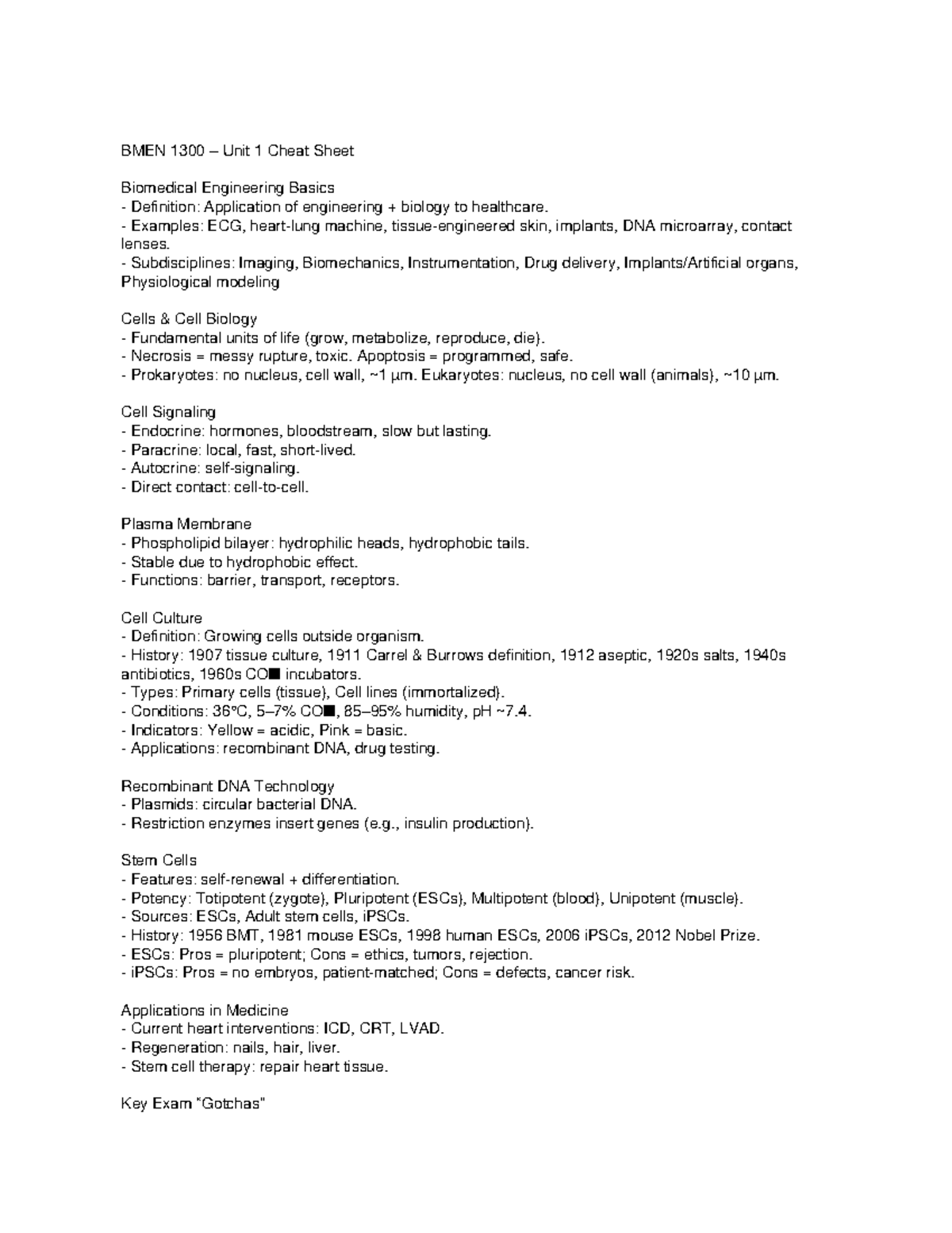 BMEN 1300 Unit 1 Cheat Sheet: Essentials of Biomedical Engineering - Studocu