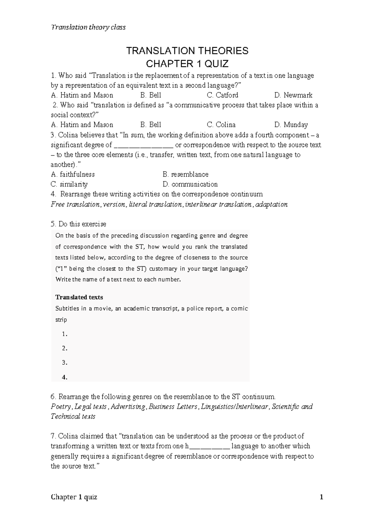 Translation Theory: Chapter 1 Quiz Insights and Questions - Studocu