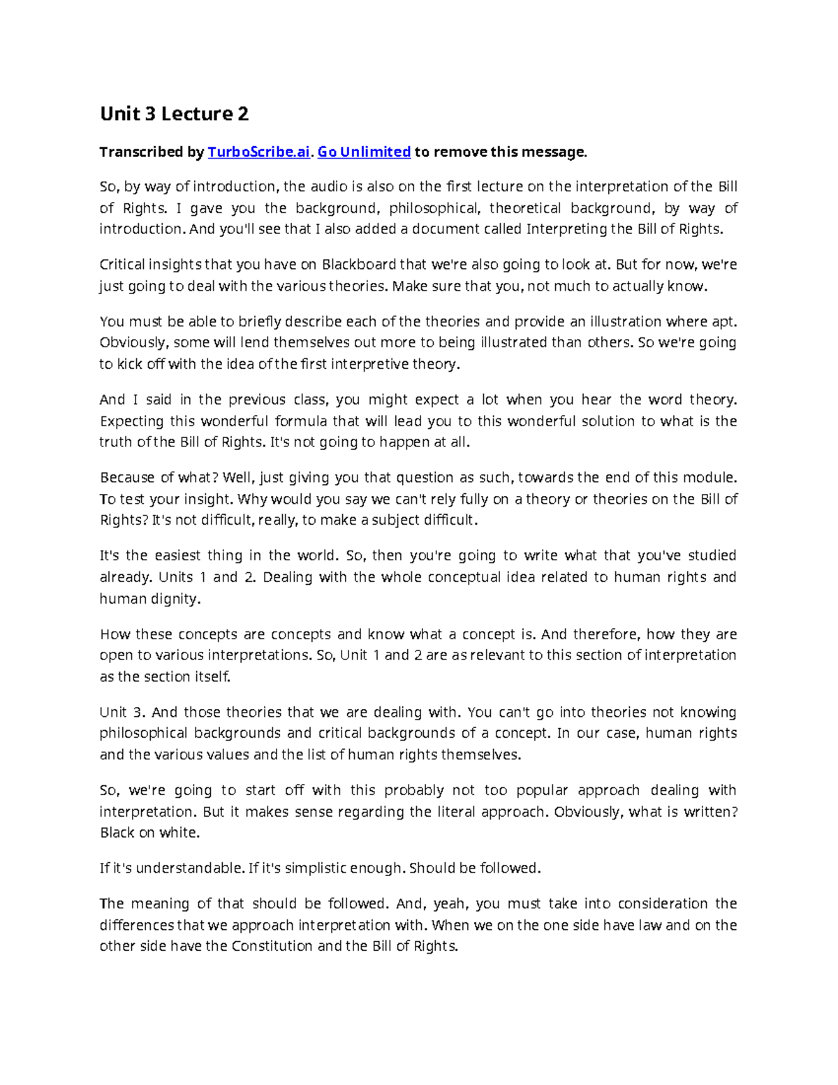 Unit 3 Lecture 2: Theories of interpreting the Bill of Rights - Studocu