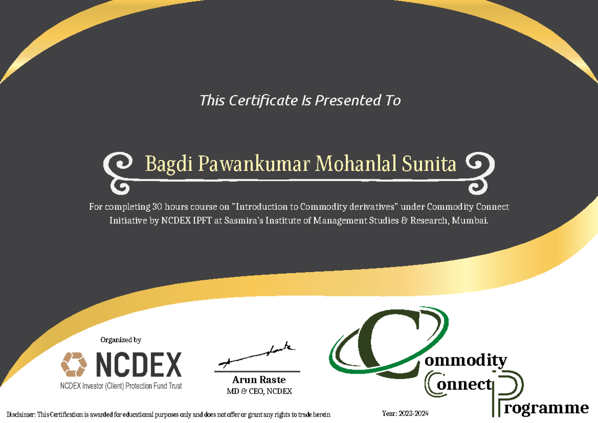Commodity Connect Programe Certificate Sasmira's Institute - This ...