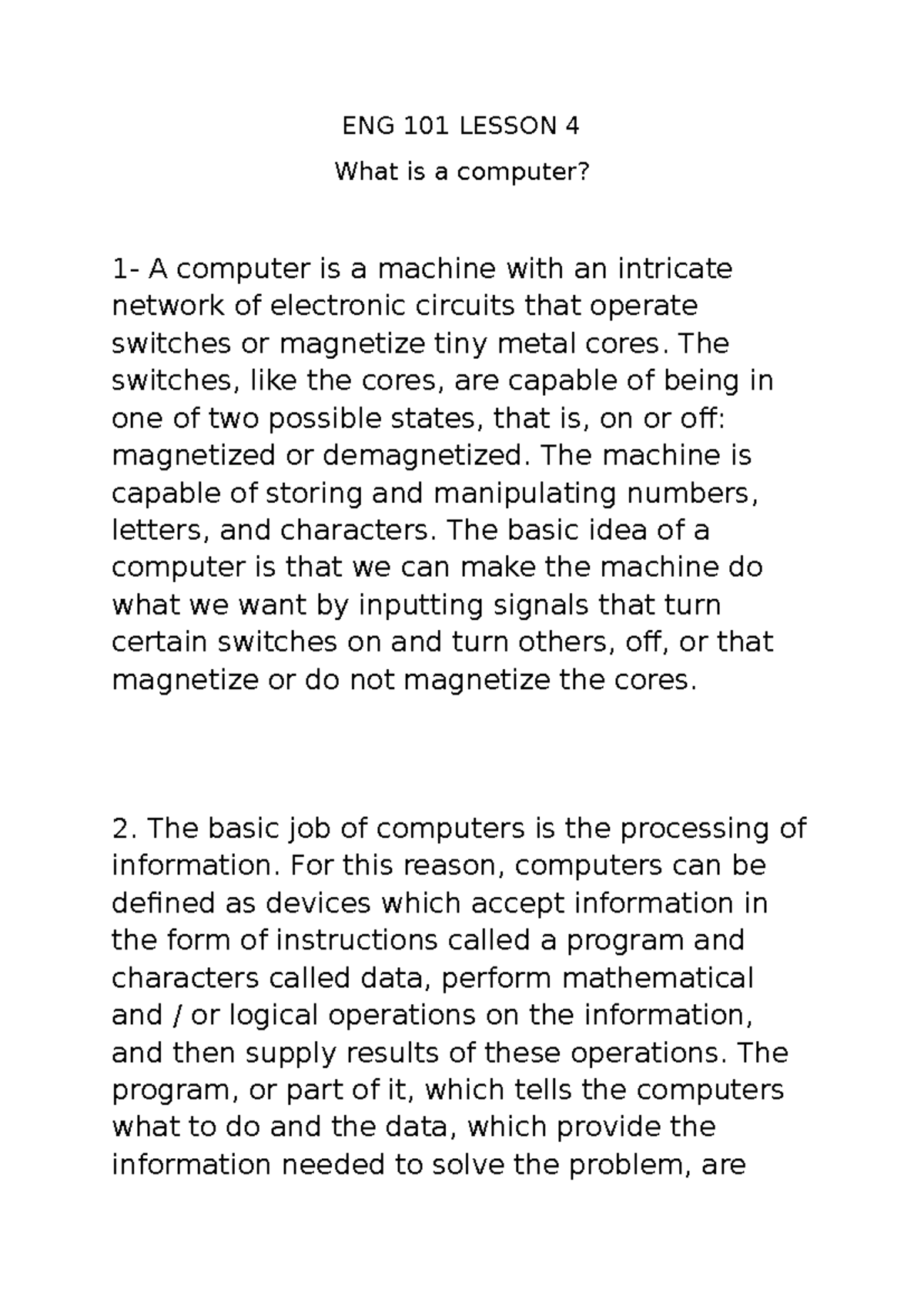 ENG 101 Lesson 4: Understanding Computers and Their Functions - Studocu