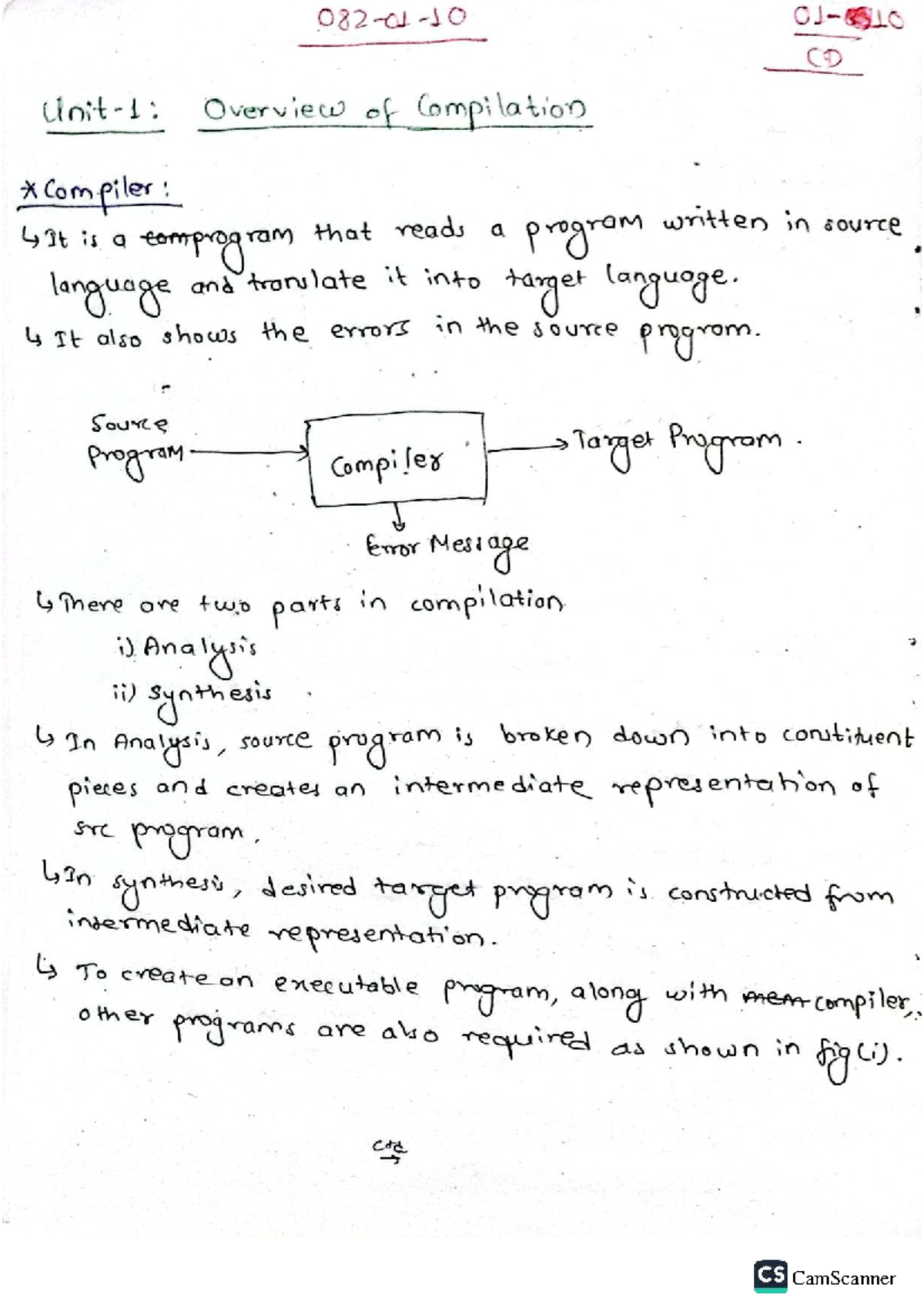 Compiler Design Notes: Overview of Compilation Process (CS 10 CD) - Studocu