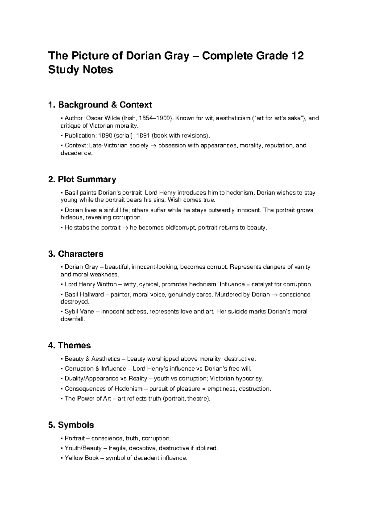 Grade 12 The Picture of Dorian Gray Study Notes - Studocu